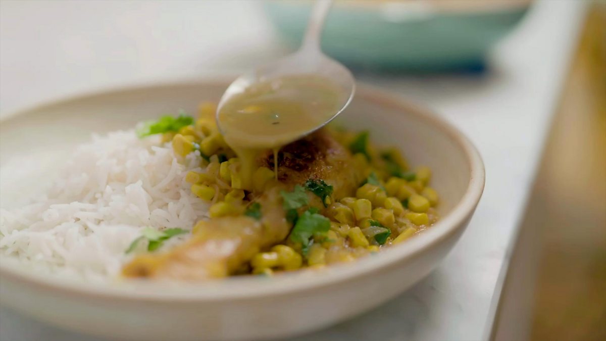 BBC - BBC Food, Golden chicken legs over curried corn and coconut