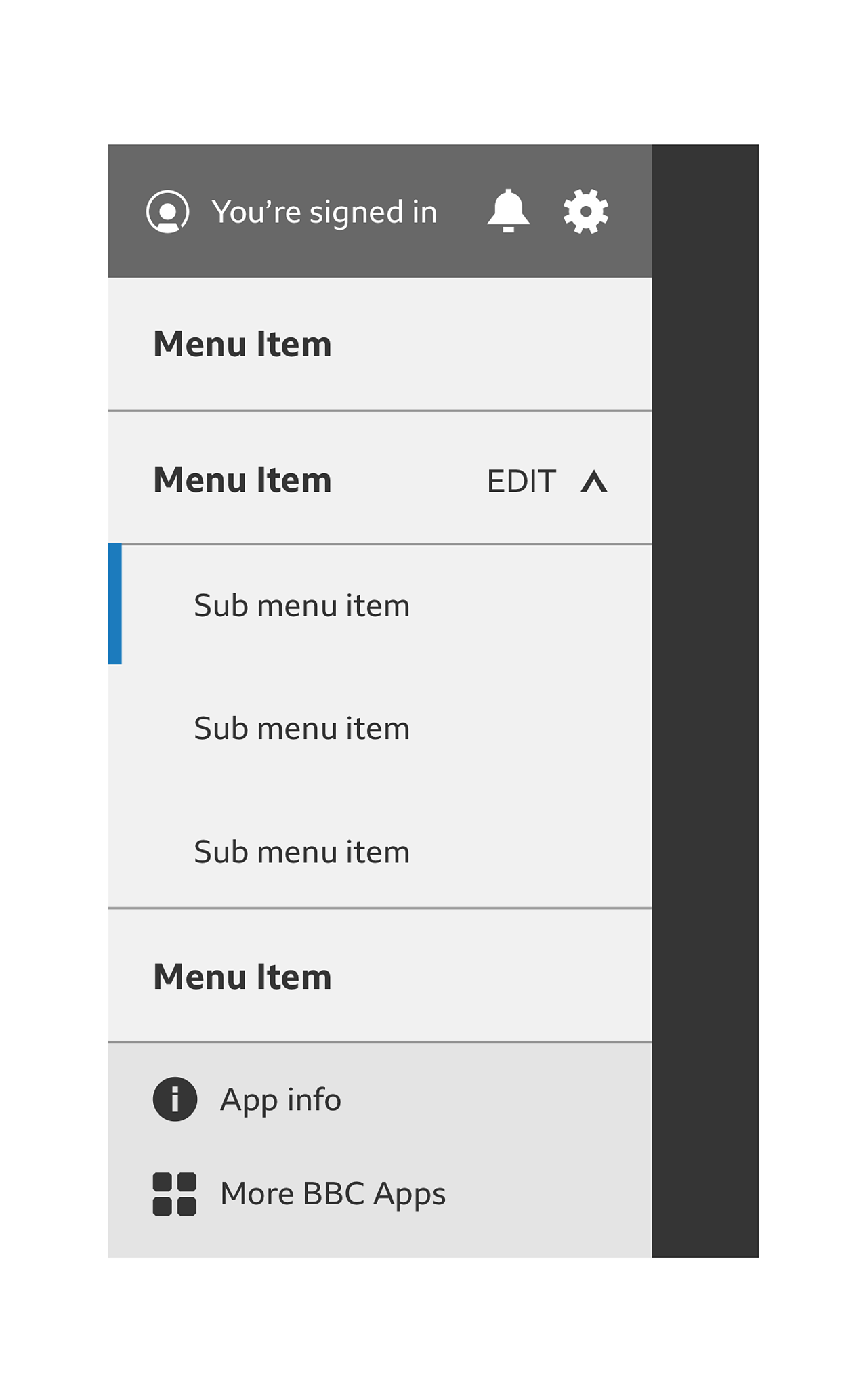 BBC GEL | Side drawer menu