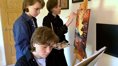 Art By Three triplets combine on pieces of artwork - BBC News