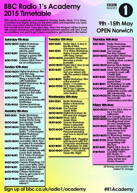 BBC Radio 1 - BBC Radio 1's Academy - Radio 1's Academy 2015 Timetable