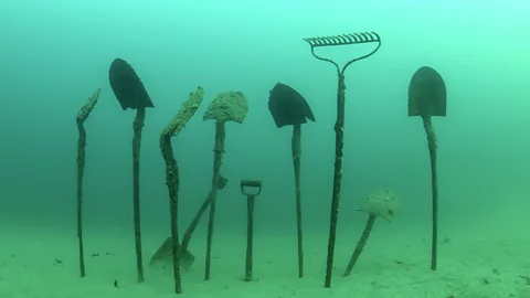 An alien, underwater village