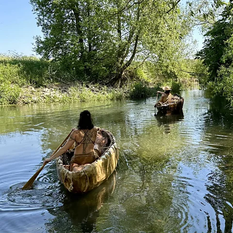 The women paddling the Thames in animal-skin boats