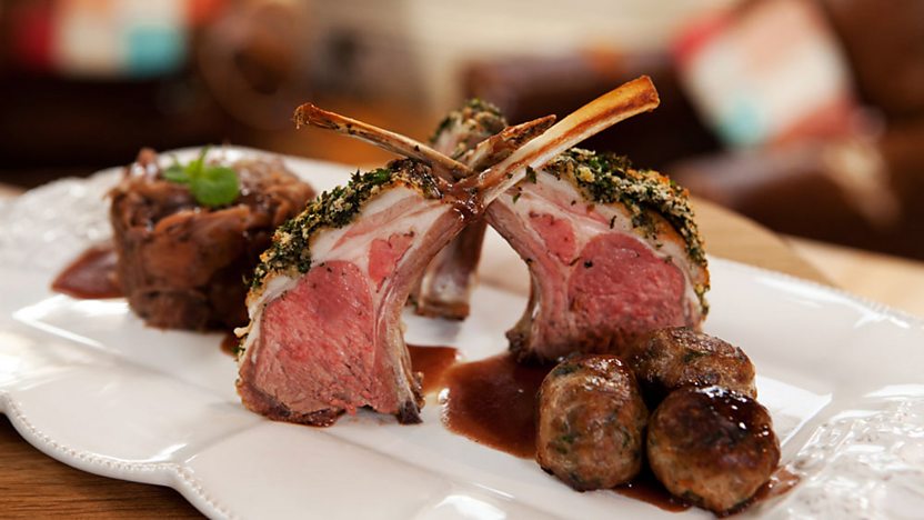 Slow-roasted lamb, racks and spiced meatballs with rich wine gravy ...
