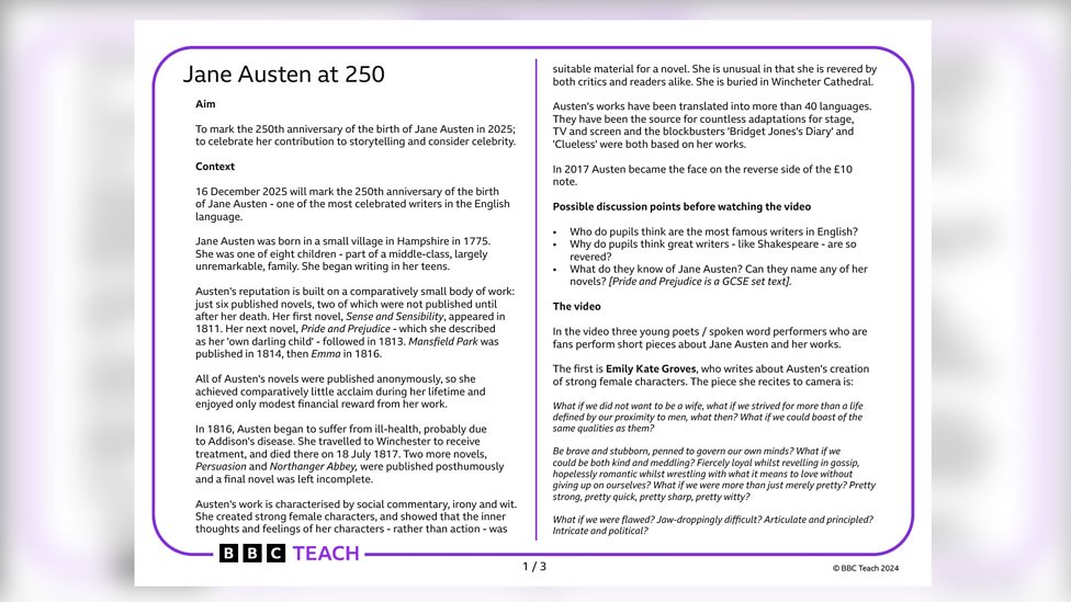 250th anniversary of the birth of Jane Austen - secondary assembly ...