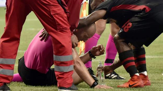 Referee hit by object in Universitatea Craiova's defeat to Honved - BBC ...