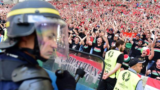 Hungary fans clash with riot police inside Marseille stadium - BBC Sport