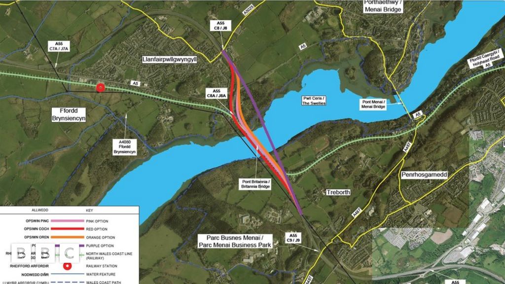 Trydedd pont dros Afon Menai: Pedwar opsiwn - BBC Cymru Fyw