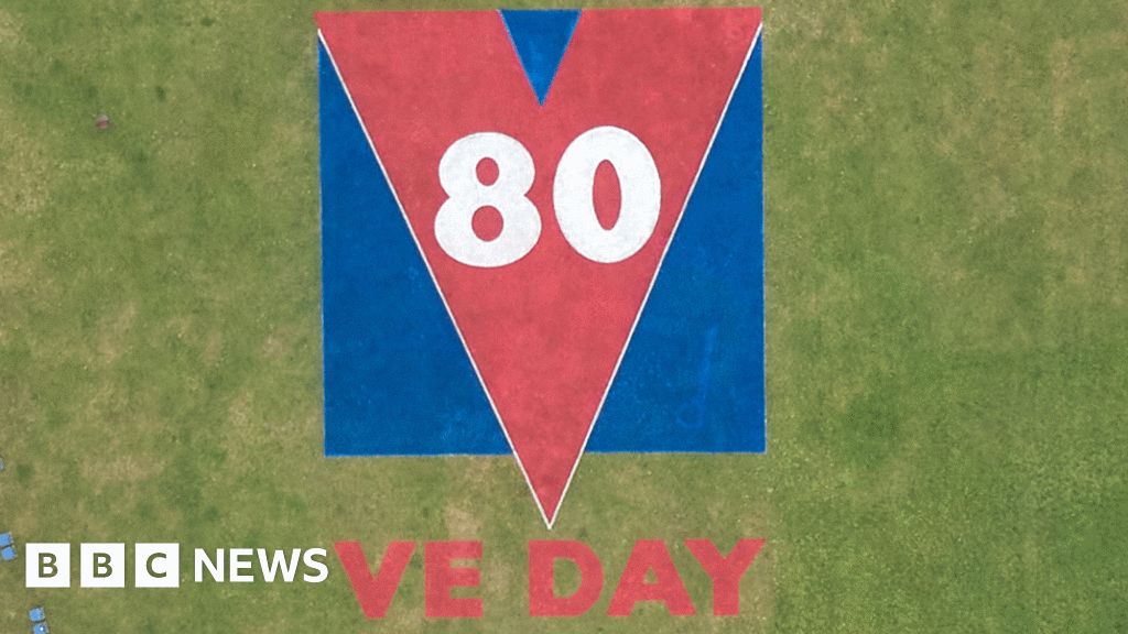 Giant VE Day logo displayed in Henley-on-Thames park