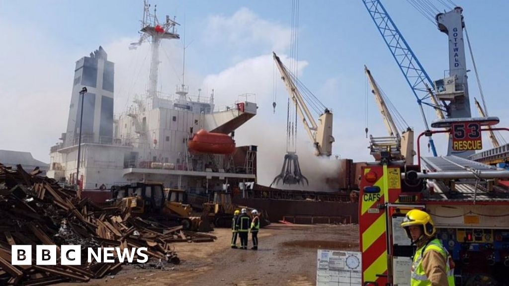 Crews tackle fire on board cargo ship in Southampton