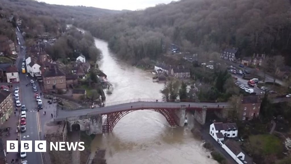 Drone footage shows extent of Ironbridge flooding - BBC News