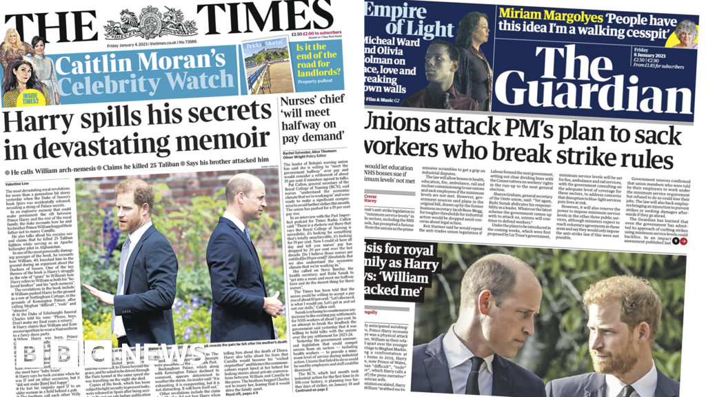 Newspaper headlines: 'Harry spills secrets' as 'unions attack strike law'