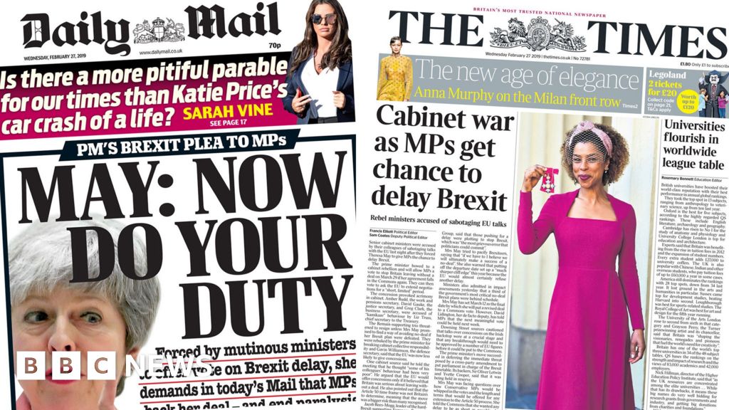 Newspaper headlines: May's Brexit delay vote and February's hot weather