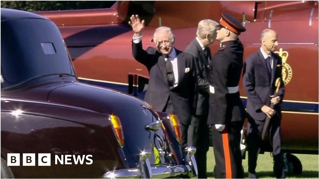 King Charles III waves as he arrives in Cardiff by helicopter - BBC News