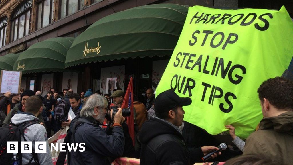 Two arrested in protest over tips for Harrods waiters - BBC News