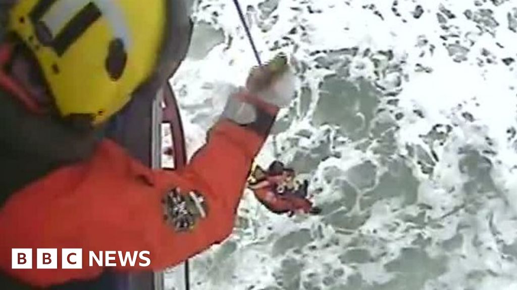 Helicopter rescue after swimmers caught in rip current - BBC News
