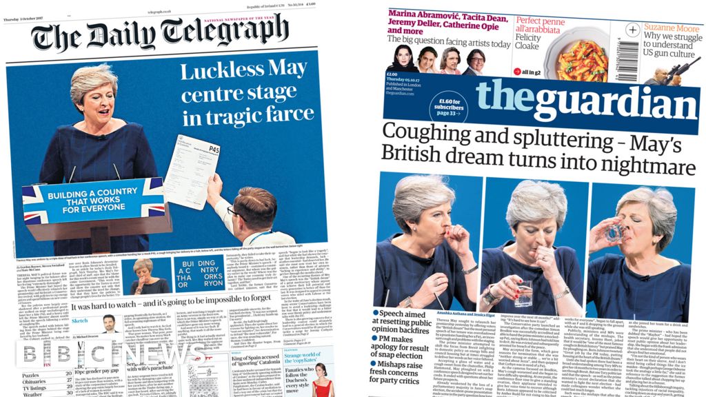Newspaper headlines: May 'on final warning after speech shambles' - BBC ...