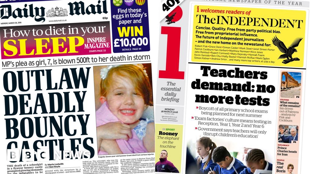 Newspaper headlines: 'Ban bouncy castles', NHS Brexit row and exam ...