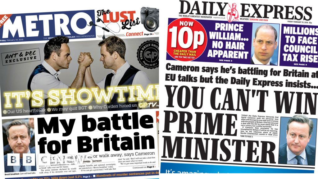 Newspaper headlines: 'Battle for Britain' at EU summit, joint ...