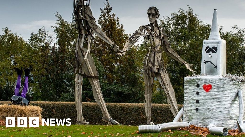 Wizard of Oz themed Halloween hay sculptures set alight
