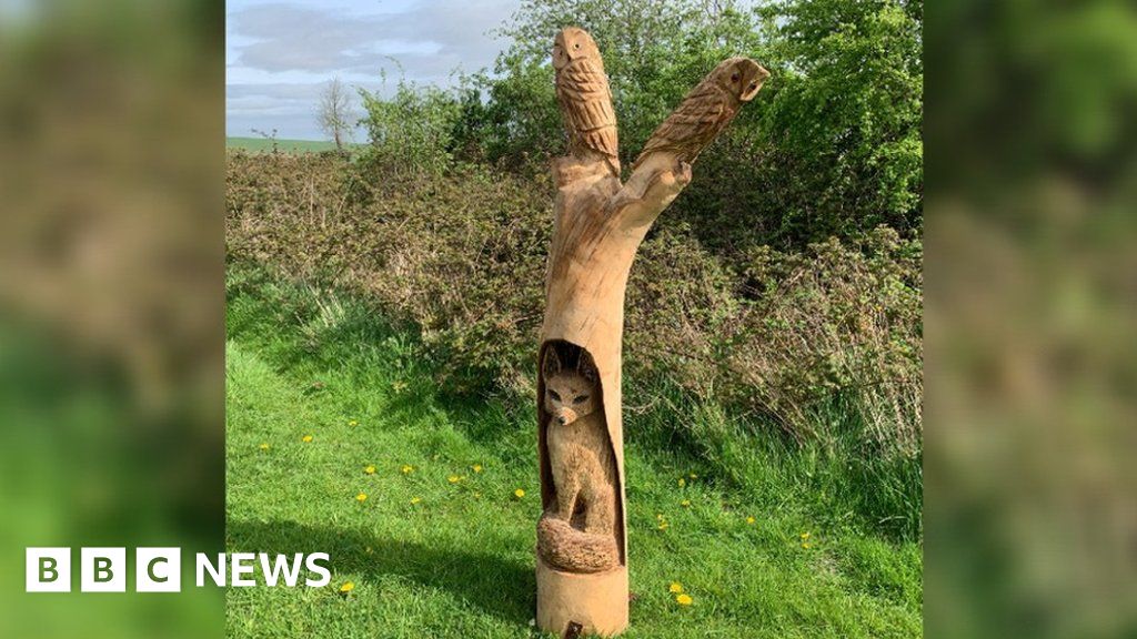 Whitwell: Tree stump transformed into woodland sculpture - BBC News