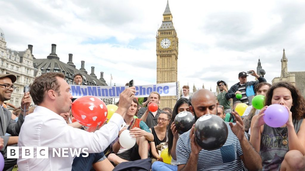 Protesters inhale laughing gas right outside Parliament - BBC News