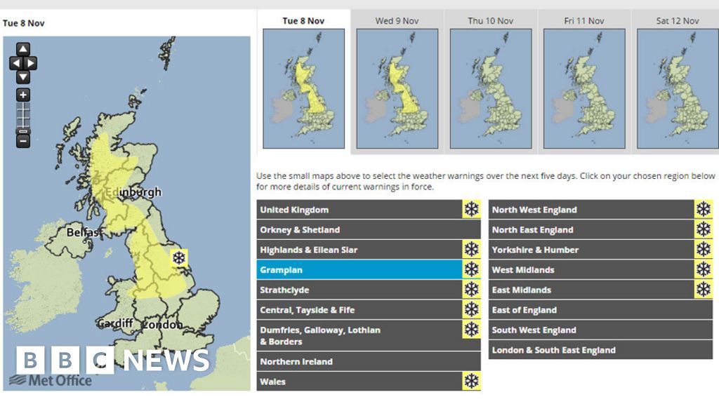 Updated Yellow 'be aware' warning for snow across Scotland - BBC News