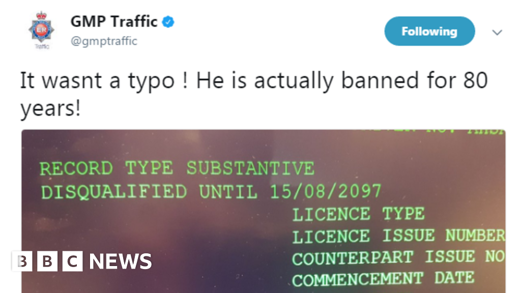 Bumbling police tweet '80-year ban' for dangerous driver - BBC News