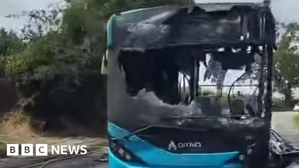 Botcheston: Road damaged as bus destroyed by fire - BBC News