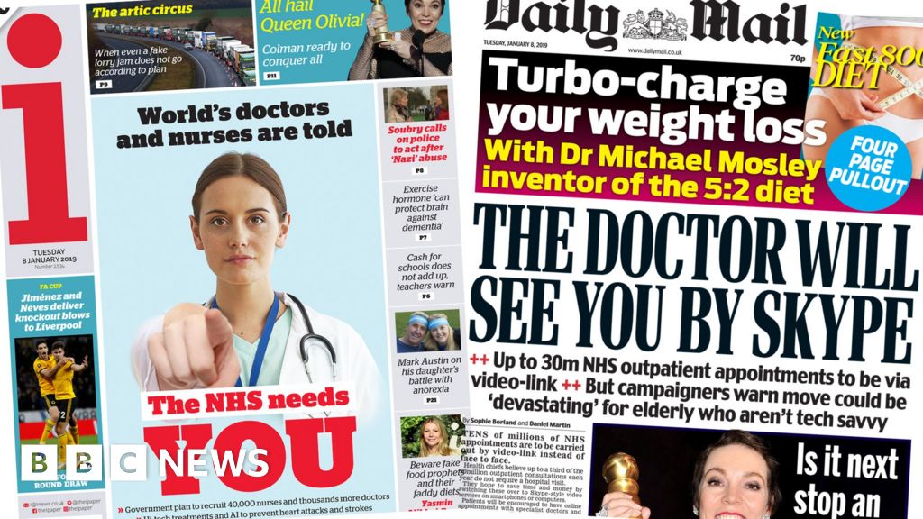Newspaper headlines: NHS video appointments and staffing shortage - BBC ...