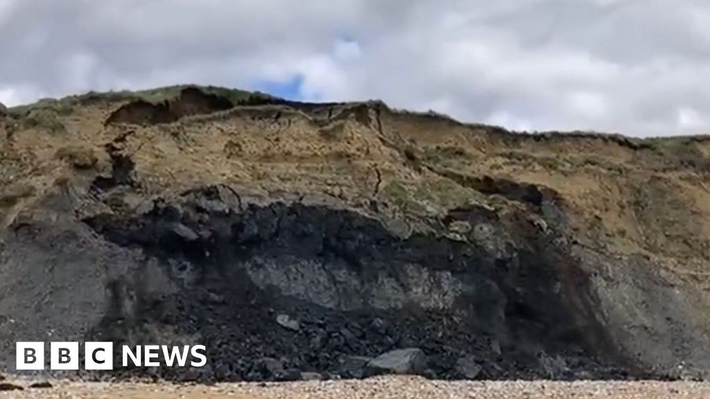 Moment of Charmouth cliff collapse captured during beach walk - BBC News