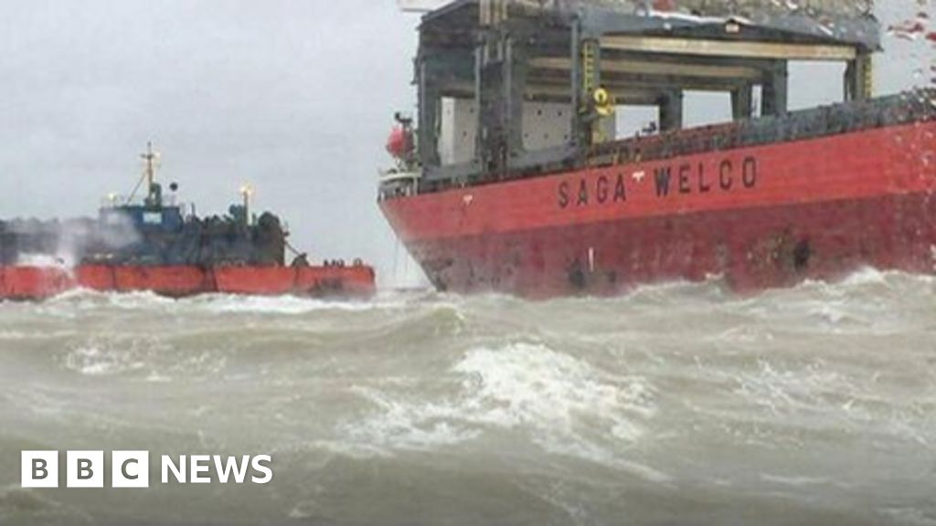 Storm Angus: Cargo ship collides with barge - BBC News