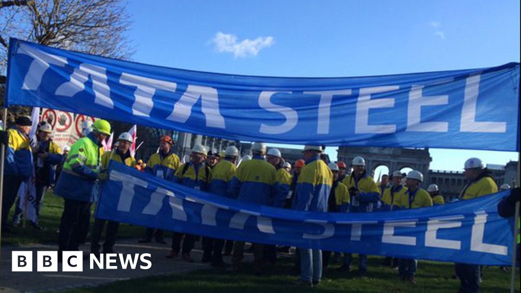 Tata steelworkers join industry-wide protest in Brussels - BBC News