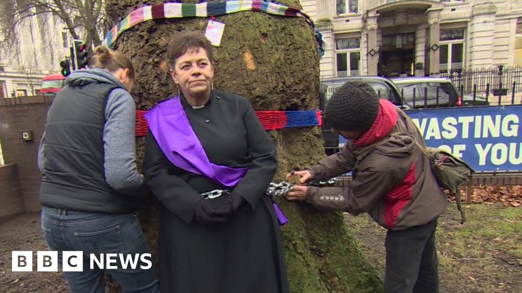 Vicar and campaigner chained to tree in HS2 Euston protest