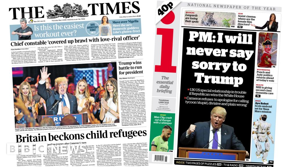 Newspaper headlines: Trump 'for White House', Syrian child refugees and ...