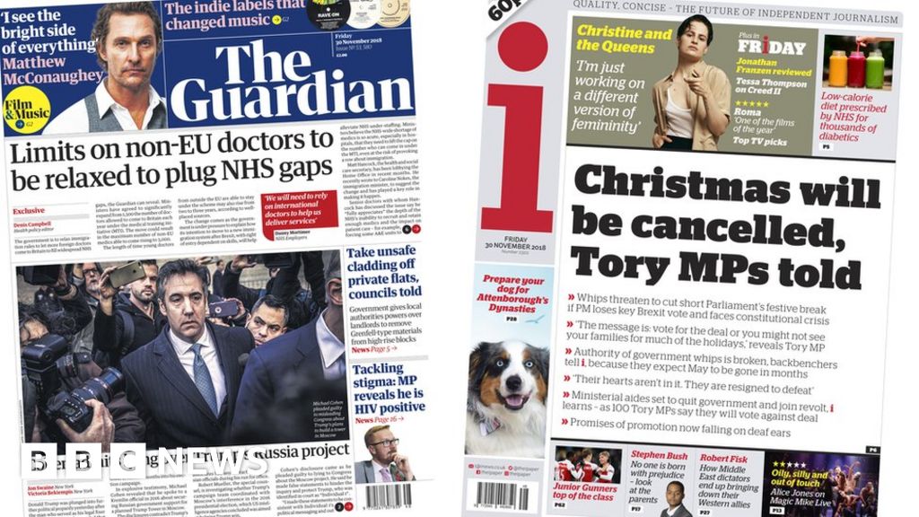 Newspaper headlines: NHS doctors and Tory MPs' festive threat - BBC News