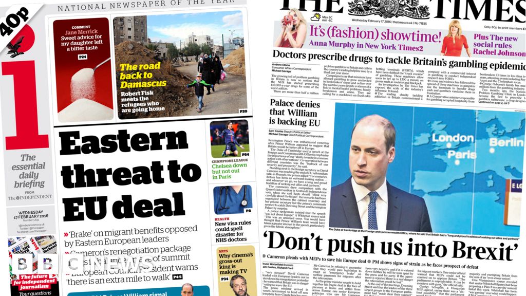 Newspaper headlines: EU referendum deal faces 'Eastern bloc', Grammy ...