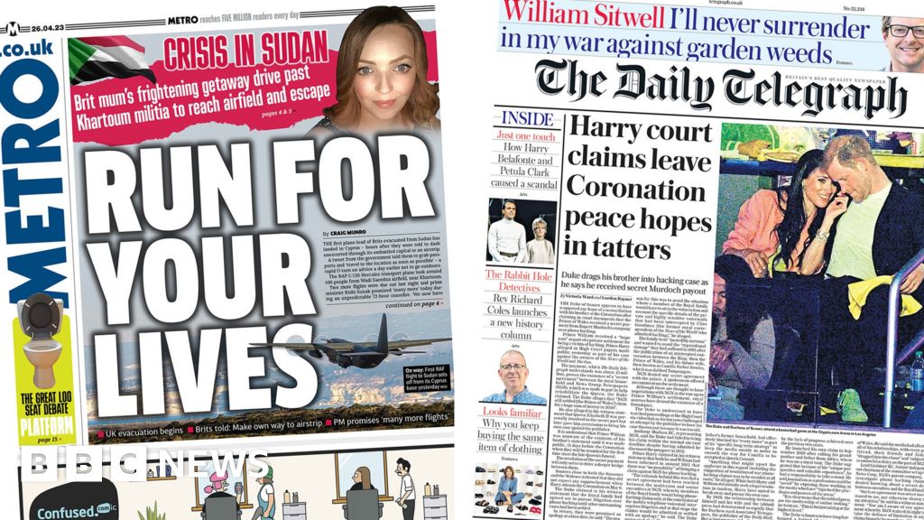 Newspaper headlines: 'Crisis in Sudan' and Harry 'drags' William into hacking case