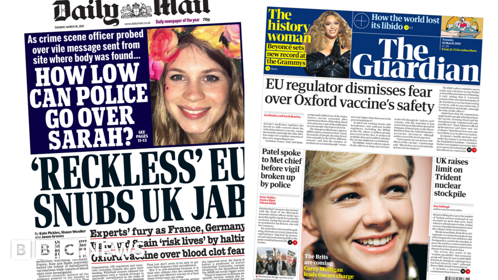 Newspaper headlines: UK defends Oxford jab and vigil policing fallout ...