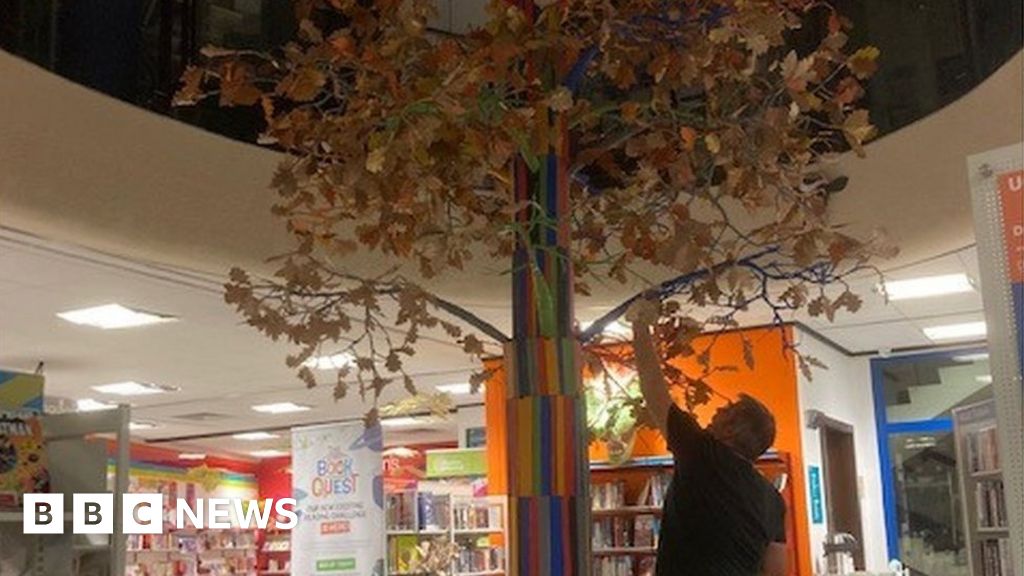 Cardboard tree on display in Barnstaple library