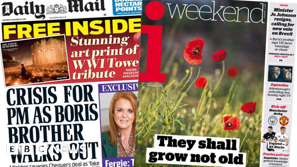 Newspaper headlines: 'Crisis' resignation and Armistice tributes - BBC News