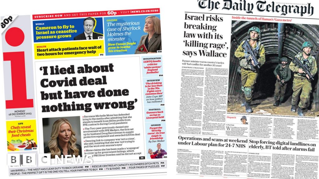 Newspaper headlines: 'I lied' admits Mone and 'Israel risks breaking law'