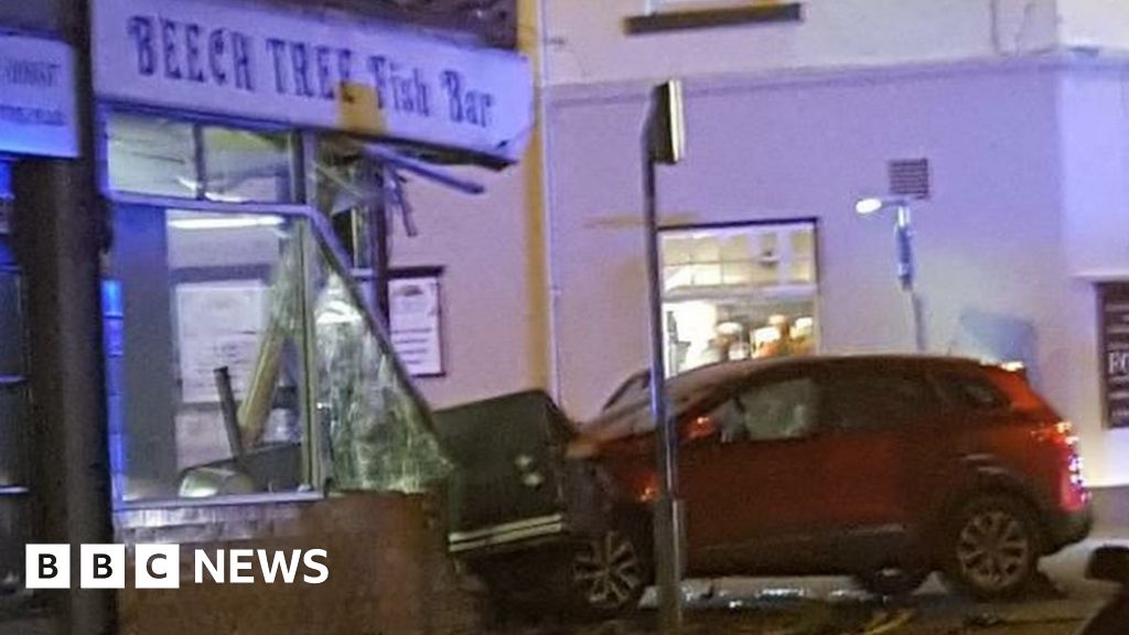 Chip shop front demolished by car in Caerphilly county - BBC News