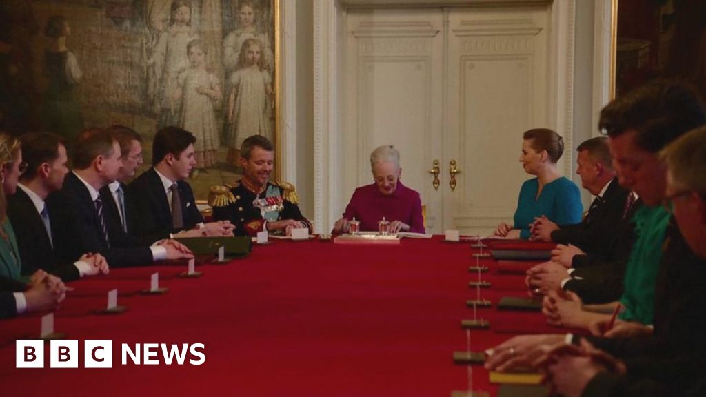 Watch: Queen Margrethe II signs instrument of abdication - BBC News
