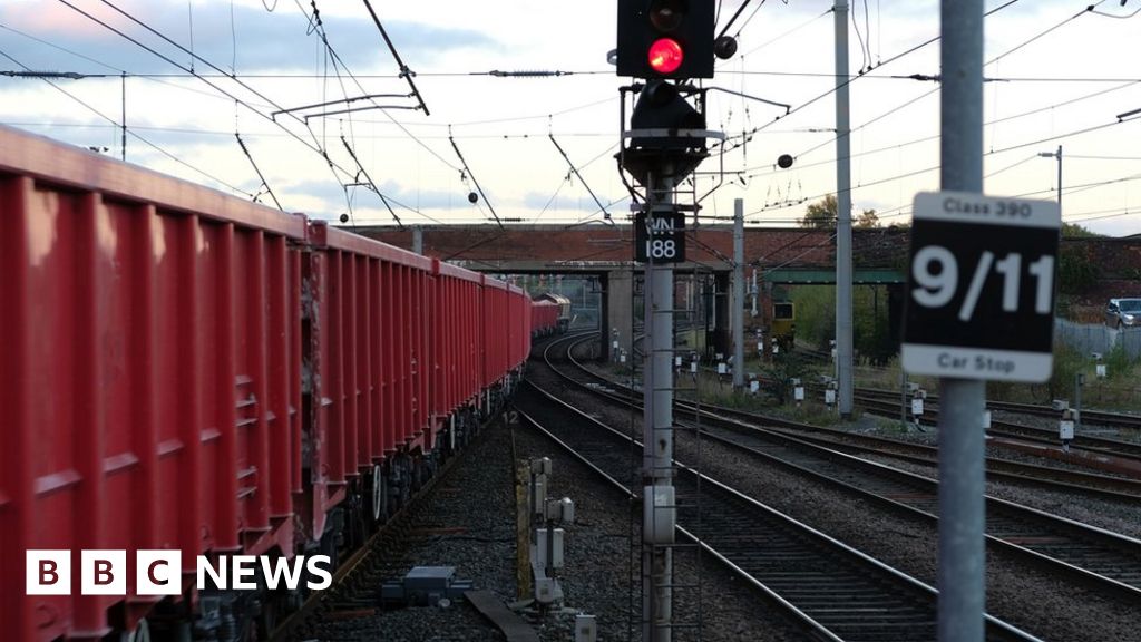 Track workers in near miss with freight train - BBC News