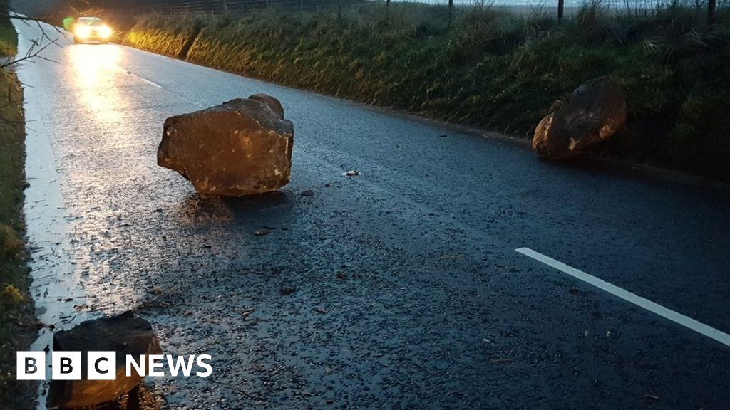 Rocks on road after minor landslide in County Londonderry