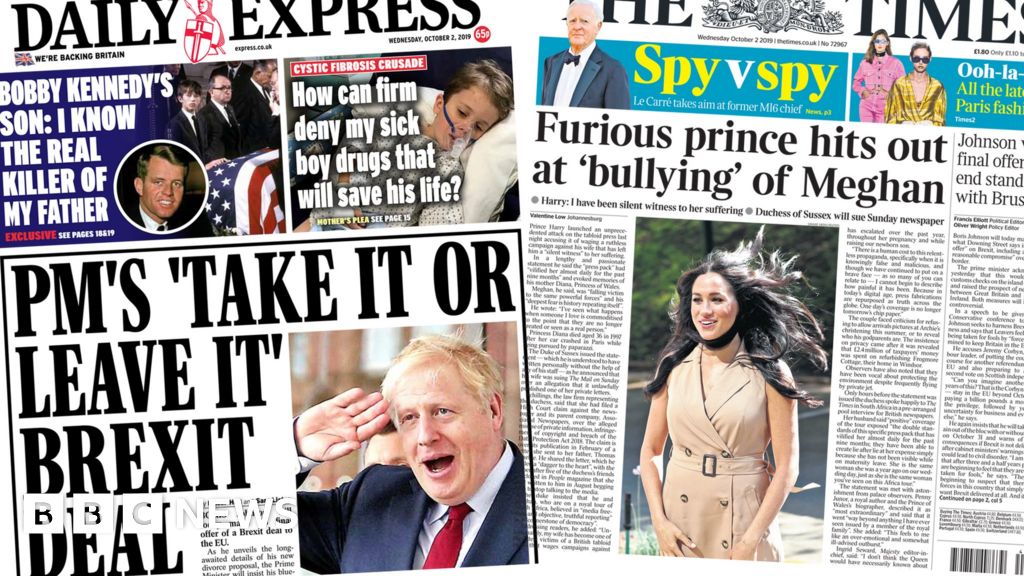 Newspaper headlines: PM's Brexit offer and 'furious' Prince Harry - BBC ...