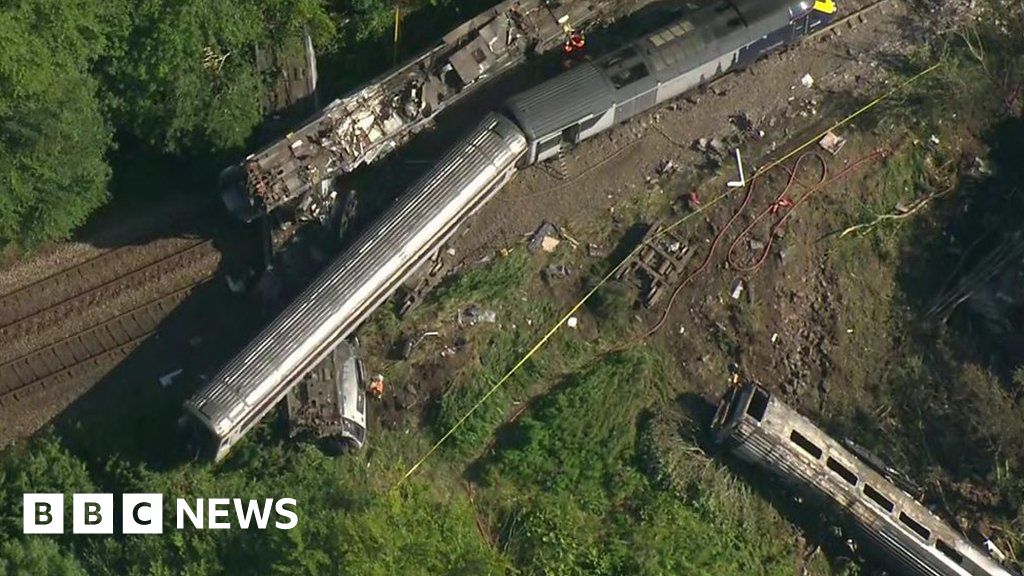 Aerial footage of passenger train derailment in Aberdeenshire - BBC News