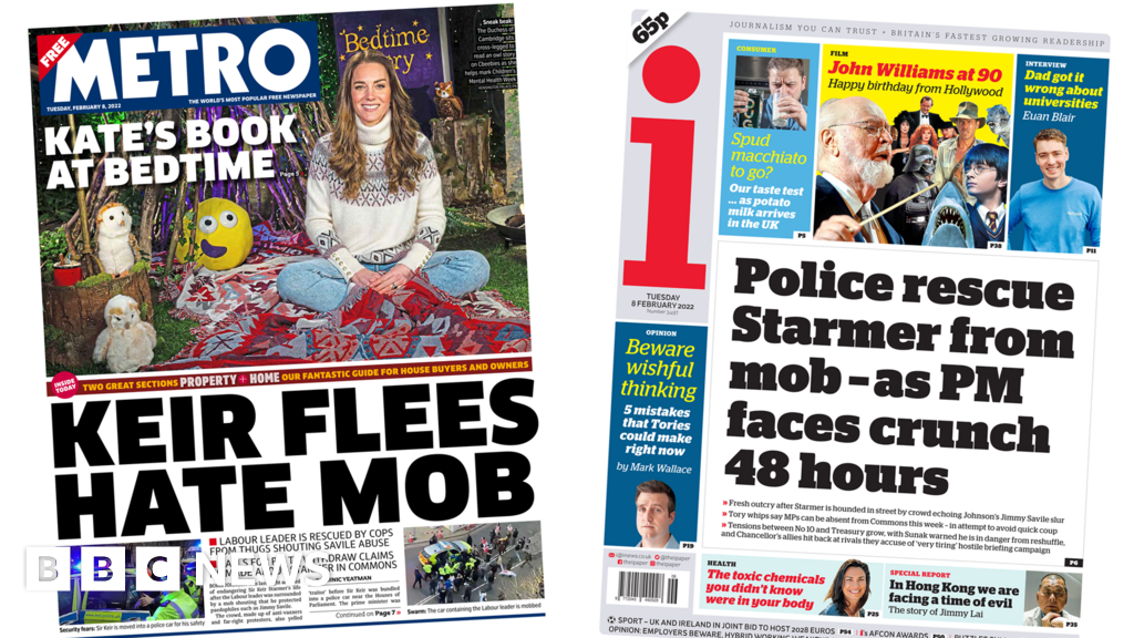 Newspaper headlines: Starmer flees from mob and Kate reads bedtime book ...
