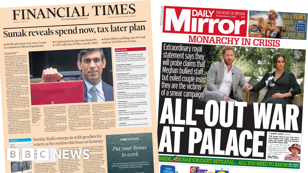Newspaper headlines: 'Spend now, tax later Budget' and 'war at palace'