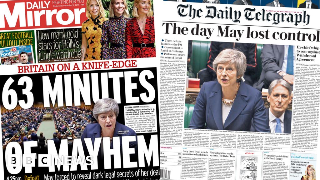 Newspaper headlines: Brexit defeat 'humiliation' for May - BBC News
